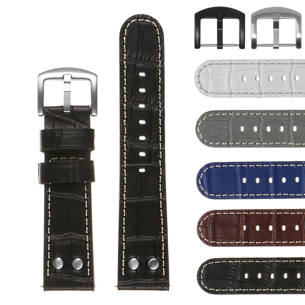 Croc Embossed Leather Pilot Watch Band w/ Rivets By DASSARI | StrapsCo