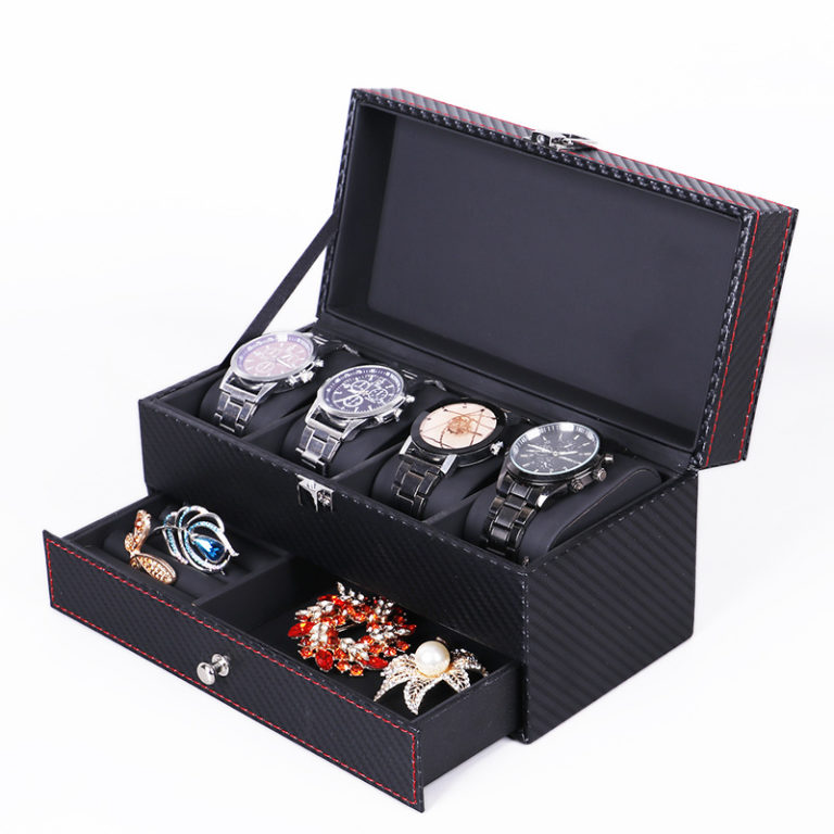 Black Carbon Fiber Watch & Jewelry Box for 4 Watches | StrapsCo