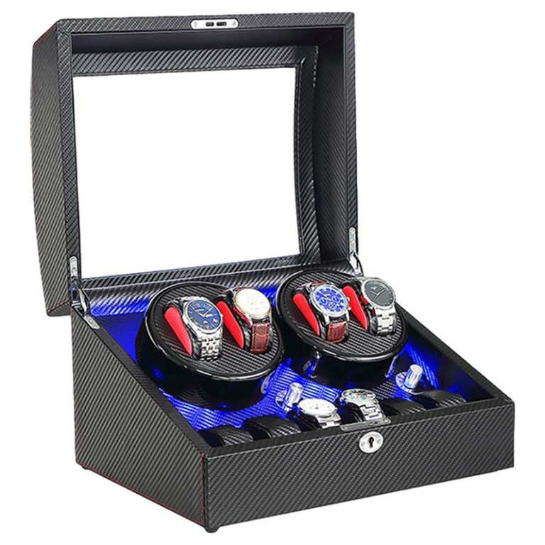 Carbon Fiber Key Locked Watch Winder with Storage and LED Lights for 4 ...