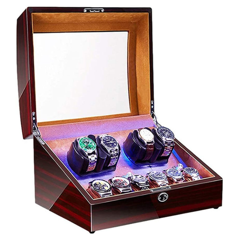 Glossy Dark Cherry Watch Winder with Storage and LED Lights for 4 ...