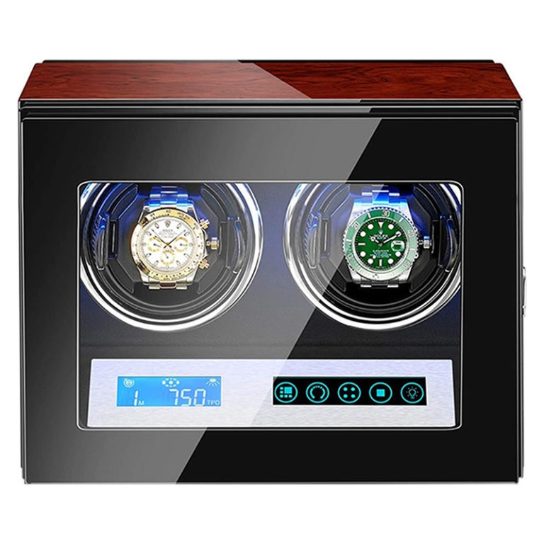 Dark Cherry Touch Screen LED Watch Winder for 2 Watches | StrapsCo